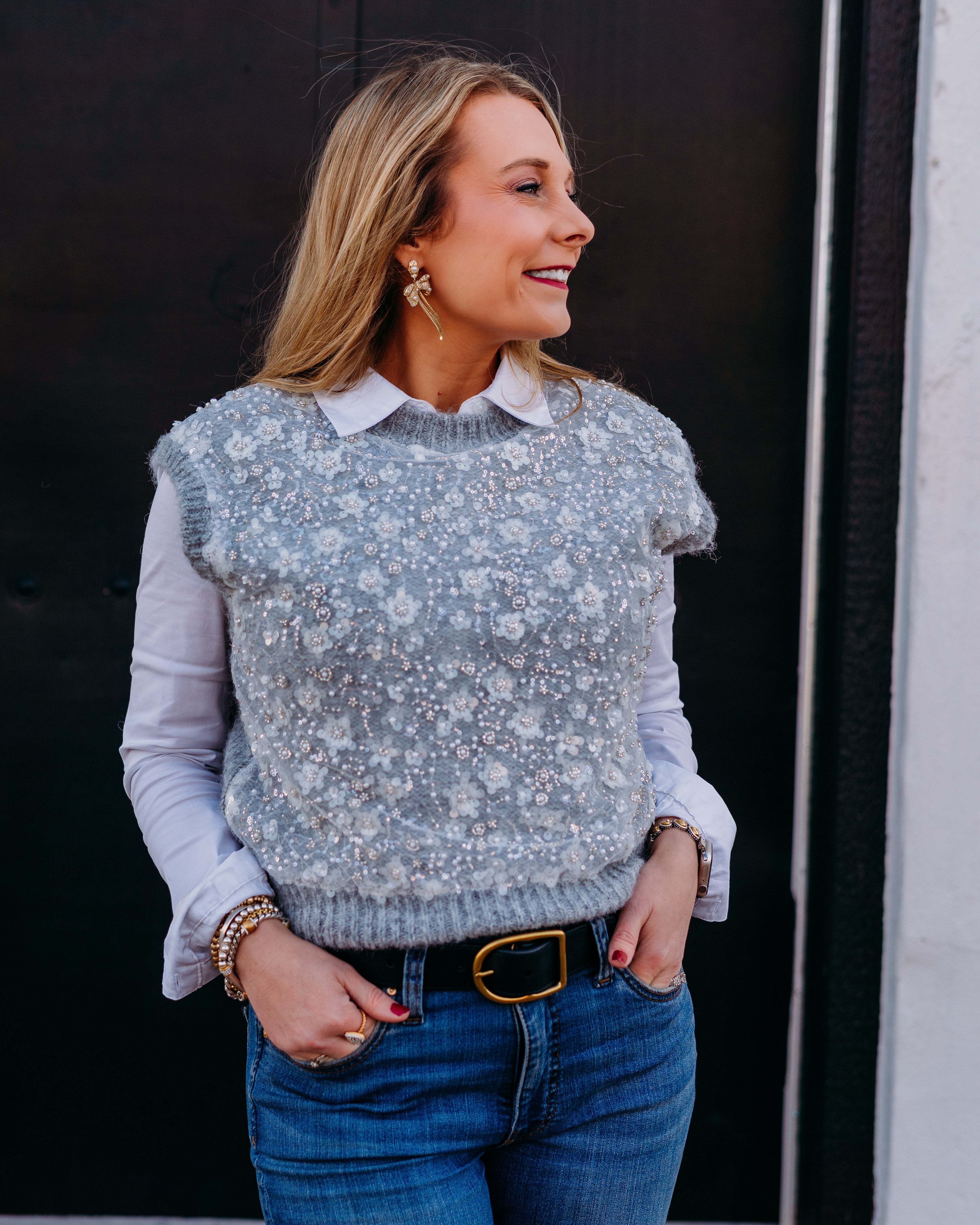 Design History Beaded Vest in Silver Mist | Sparkling Vest – The Vogue ...